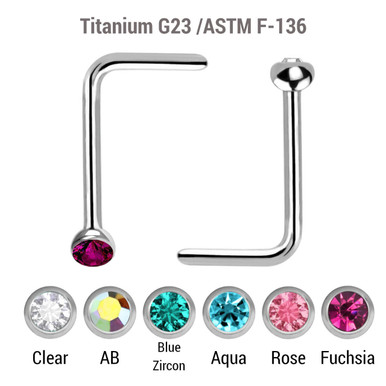 TNL08BJ2 titanium L shape nose studs w 2mm bezel set crystal top 20g