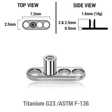 TDB14X2 titanium dermal anchor base plate length 7mm 3 holes 14g