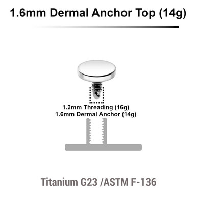 TDT14DI4 titanium g23 4mm flat disk dermal anchor top 16mm 14g