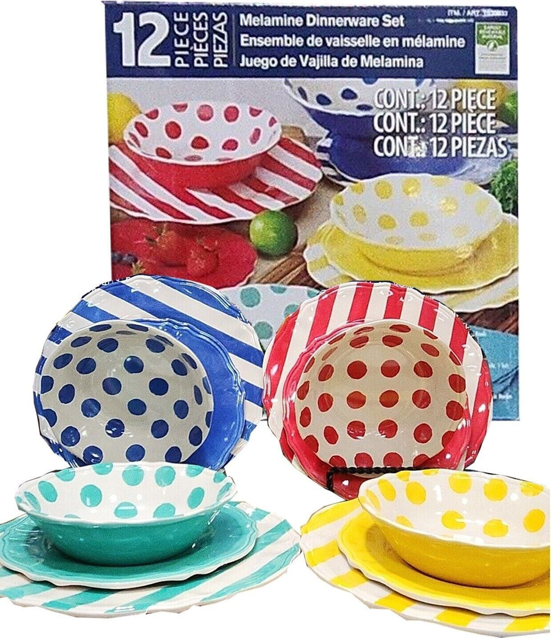 12 Piece Melamine Dinnerware Set, Multicolor