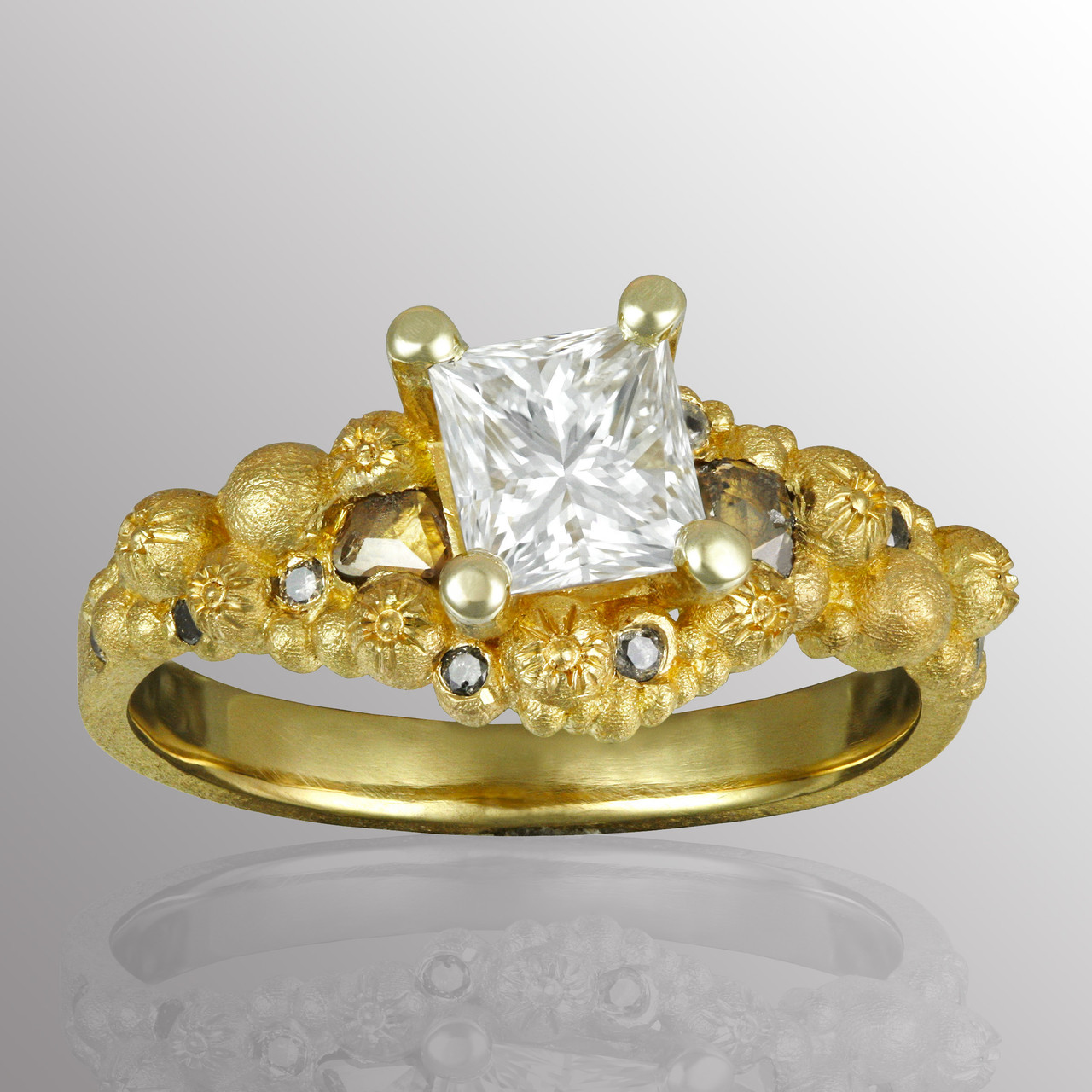 Custom Made 18K Gold Barnacle Ring with Princess-cut Center Diamond