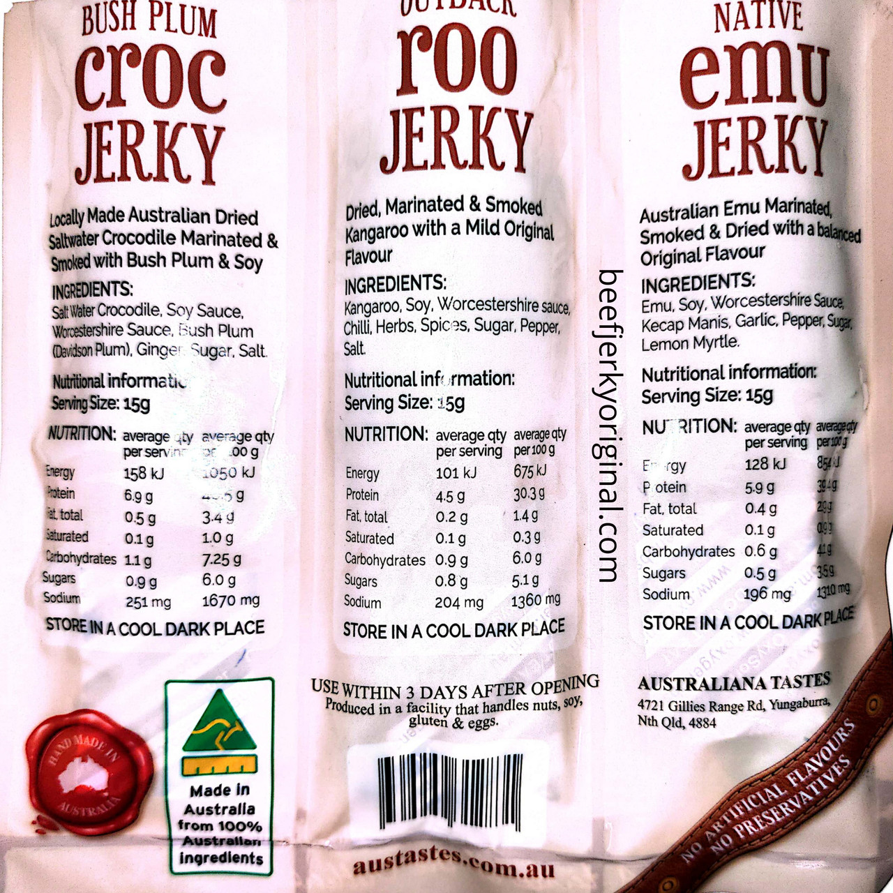 3pk Authentic Australian Emu, Kangaroo & Croc Jerky – Experience the ...