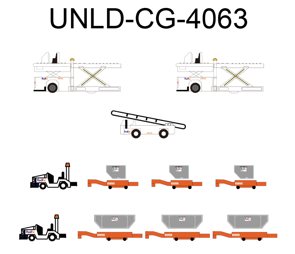 FedEx GSE Cargo Loaders, Tows, Dollies and Container set UNLD-CG-4063 1:400