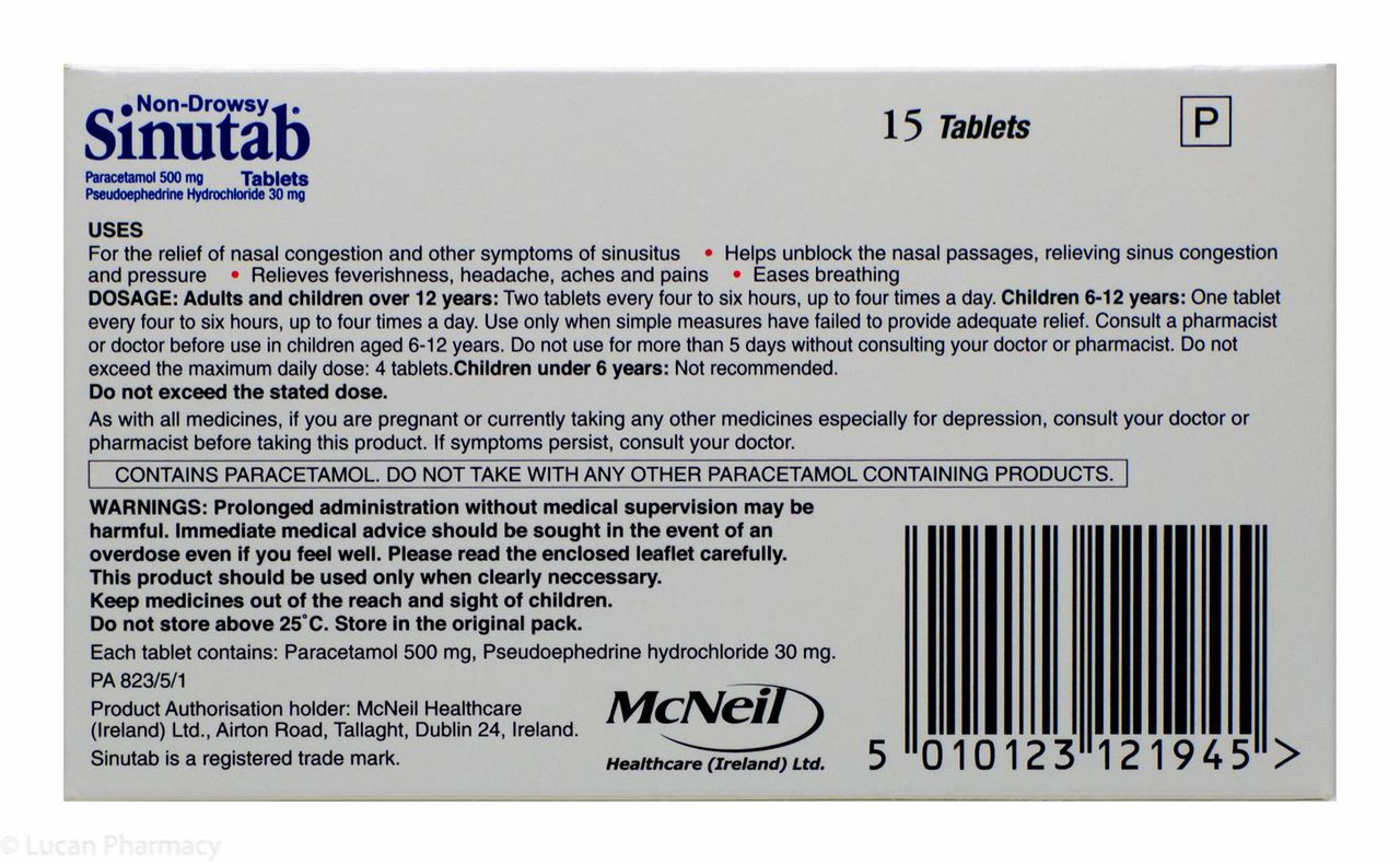Sinutab® Non-Drowsy Tablets – 15 Tablets #P - Lucan Village Pharmacy