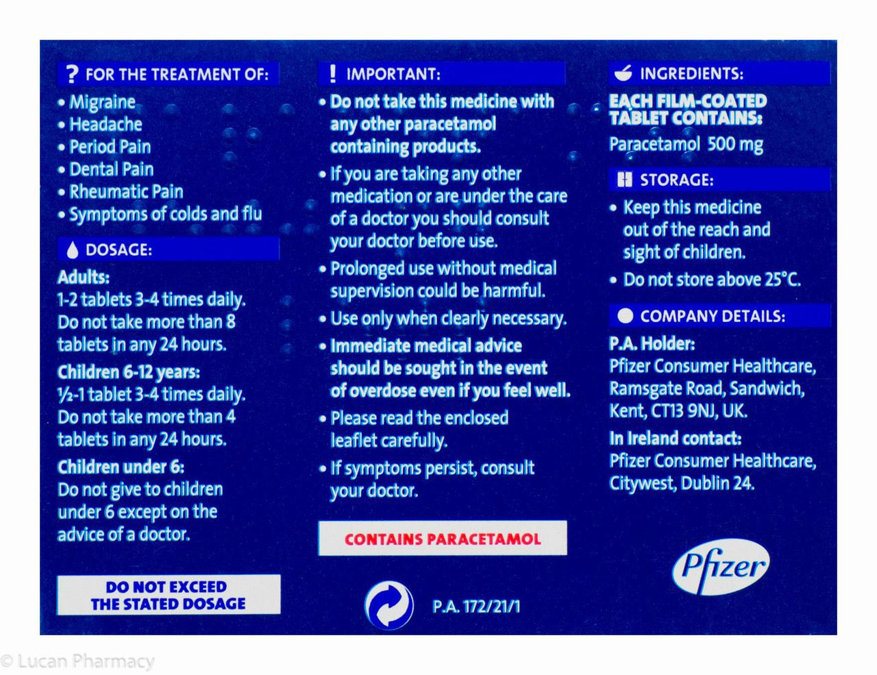 Pfizer Paracetamol 500mg Film-Coated Tablets - 24 Tablets #P - Lucan ...