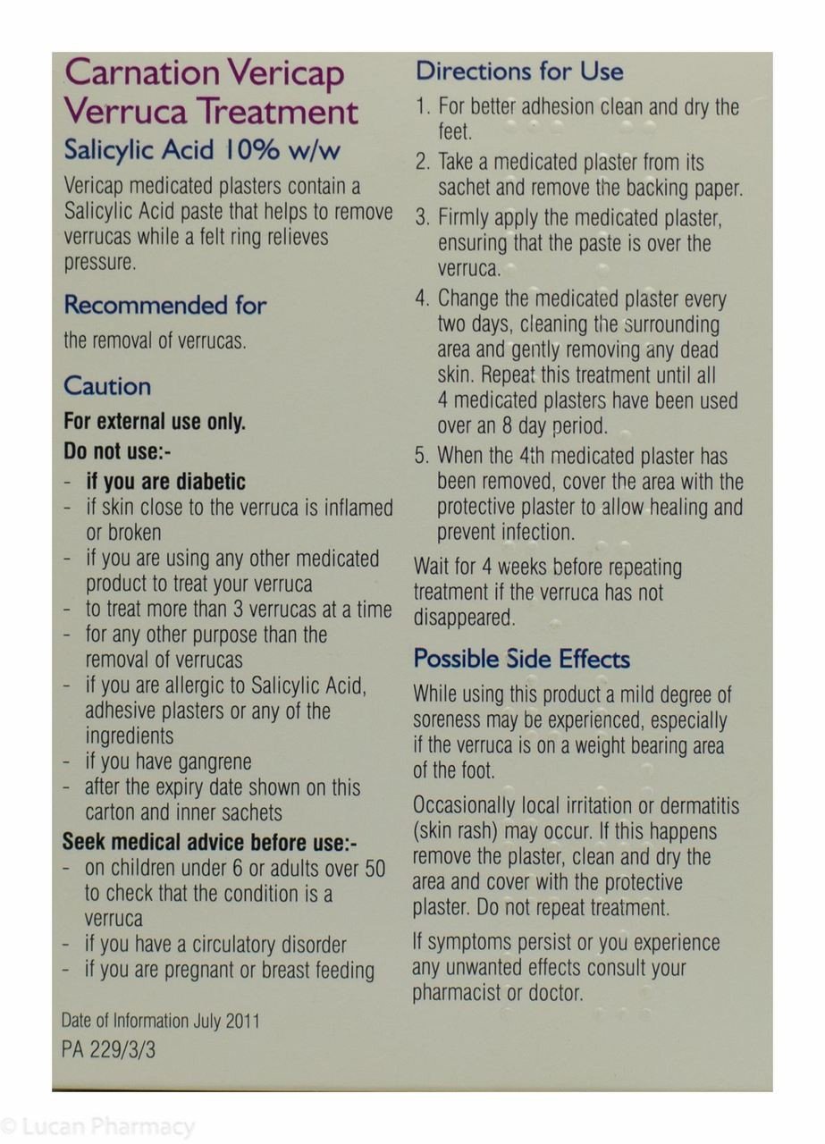 CARNATION® Footcare Vericap Verruca Treatment - 4 Medicated Plasters ...