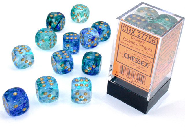 27756 - Nebula® 16mm d6 Oceanic™/gold Luminary™ Dice Block™ (12 dice) - Brookhurst Hobbies