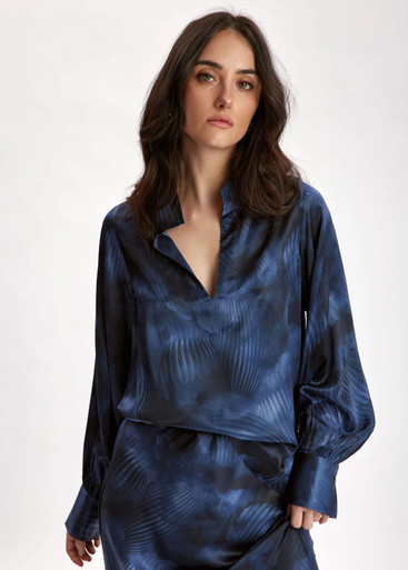 LAUREN VIDAL 'Brett' Satin Blouse With A Deep Blue Abstract Print
