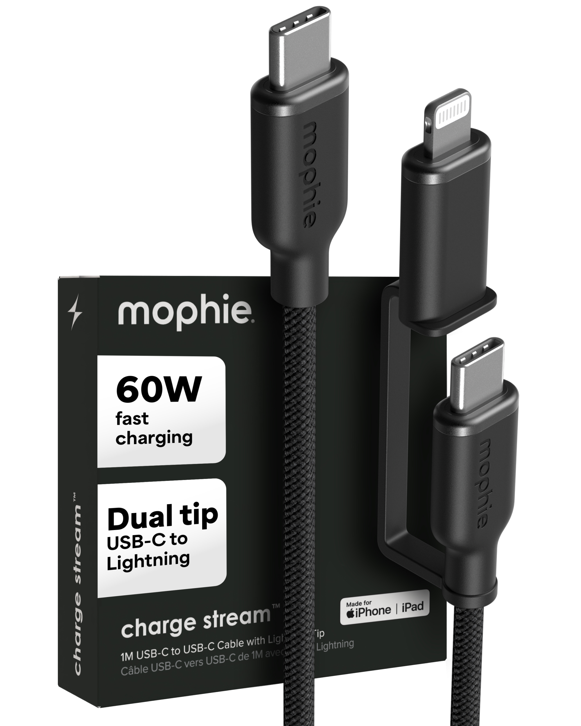 mophie | charge stream™ 1M USB-C to USB-C cable with Lightning Tip