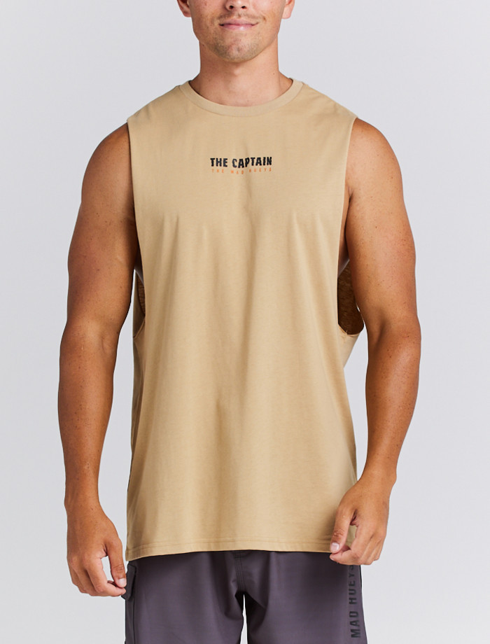 THE MAD HUEYS SEA CAPTAIN - MUSCLE TEE - TAN - OZTackle Fishing Gear