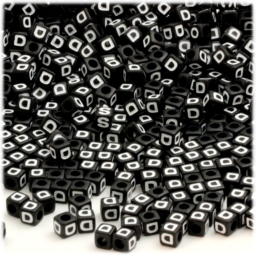 25-pc Alphabet Beads | Cube 7mm | Black text | Letter D