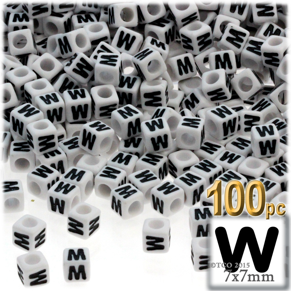 100-pc Alphabet Beads | Cube 7mm | Black text | Letter W