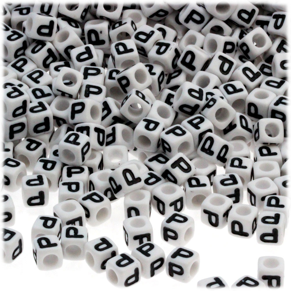 25-pc Alphabet Beads | Cube 7mm | Black text | Letter P