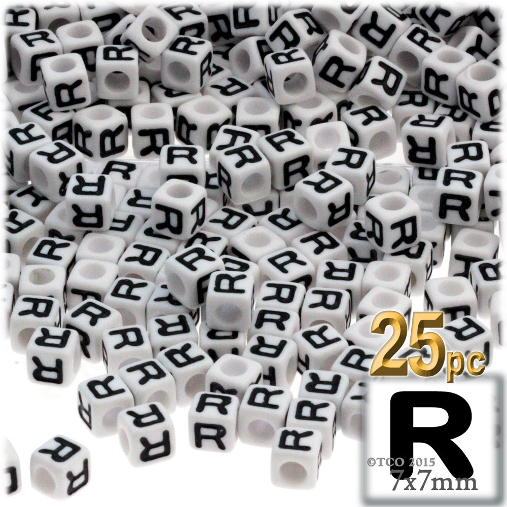 25-pc Alphabet Beads | Cube 7mm | Black text | Letter R