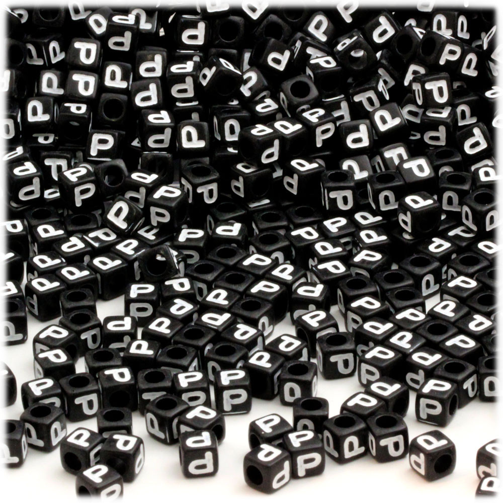 100-pc Alphabet Beads | Cube 7mm | Black text | Letter P
