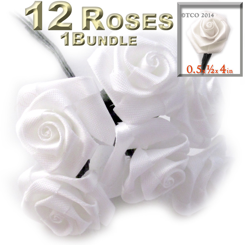 Artificial Flowers | Ribbon Roses | 0.50-inch | Green stem | White ...