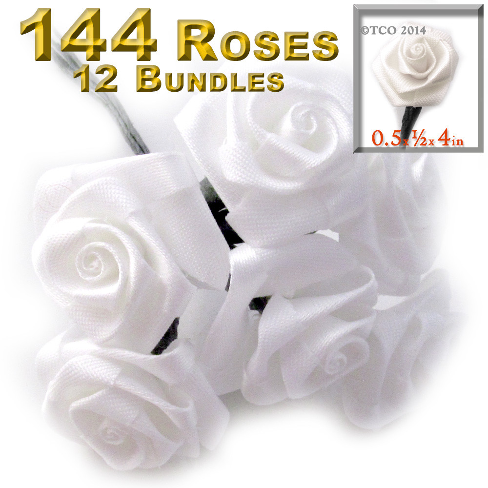Artificial Flowers | Ribbon Roses, 0.50-inch | Green stem | White ...