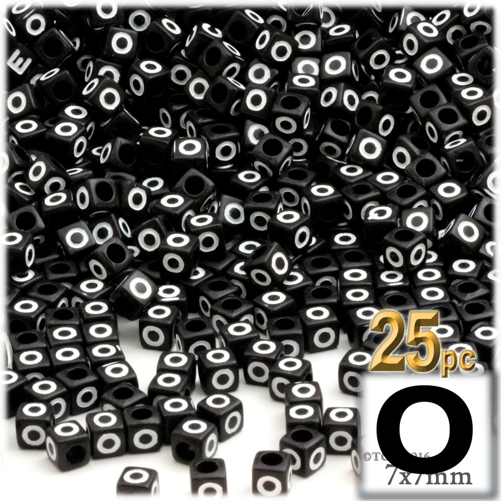 25-pc Alphabet Beads | Cube 7mm | Black text | Letter O