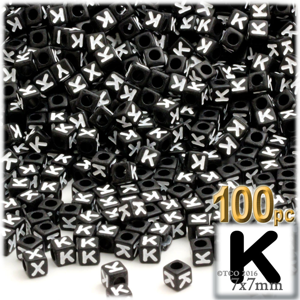 100-pc Alphabet Beads | Cube 7mm | Black text | Letter K
