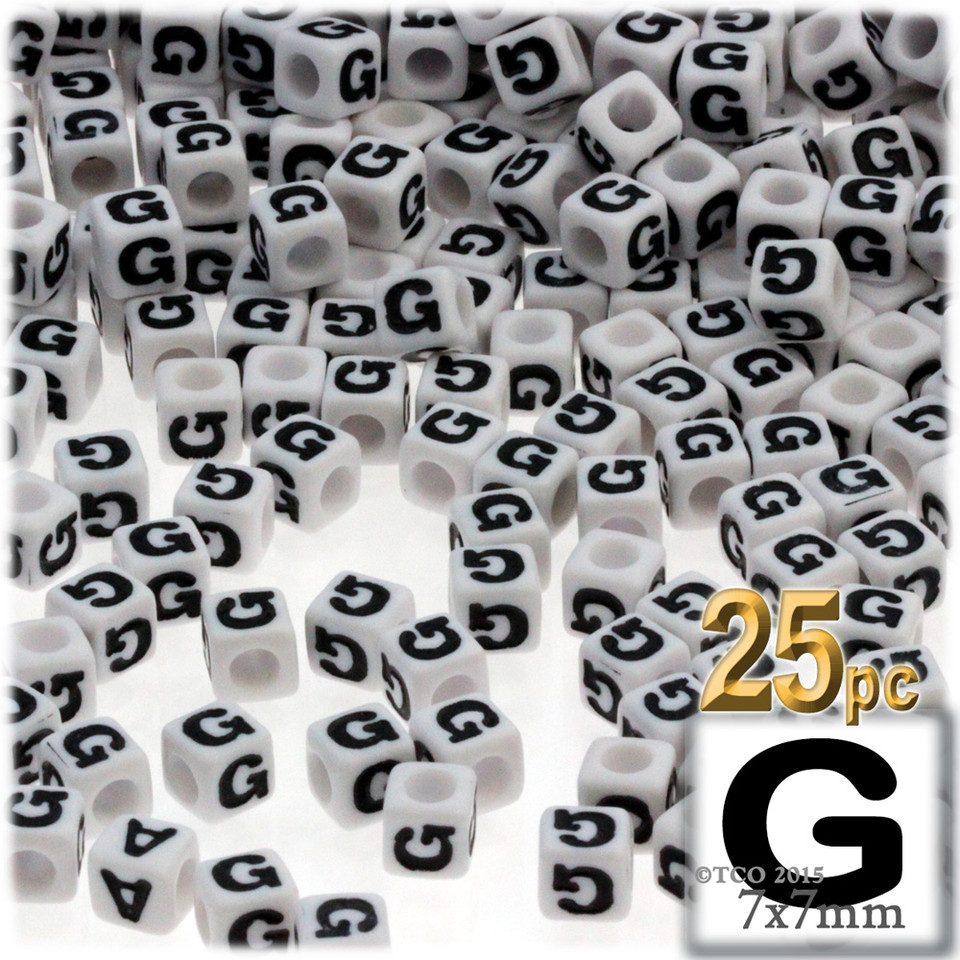 25-pc Alphabet Beads | Cube 7mm | Black text | Letter G