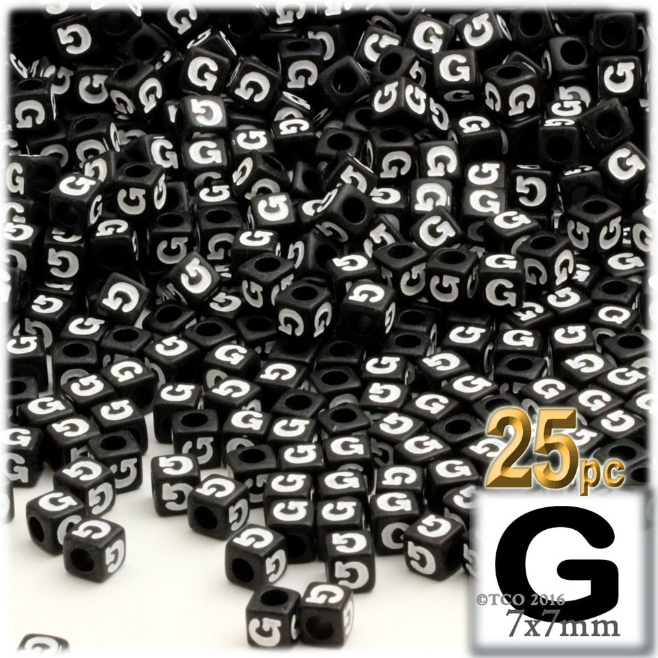 25-pc Alphabet Beads | Cube 7mm | Black text | Letter G