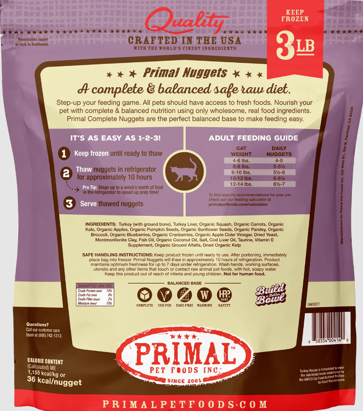 Primal Feline Raw Frozen Nuggets Turkey Cat Food 3lbs