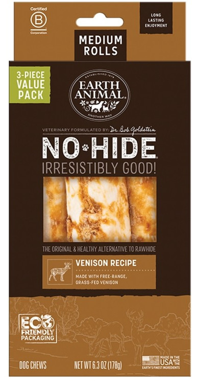 Earth Animal No-Hide Venison Rolls Dog Treats, Medium, 3 Pack