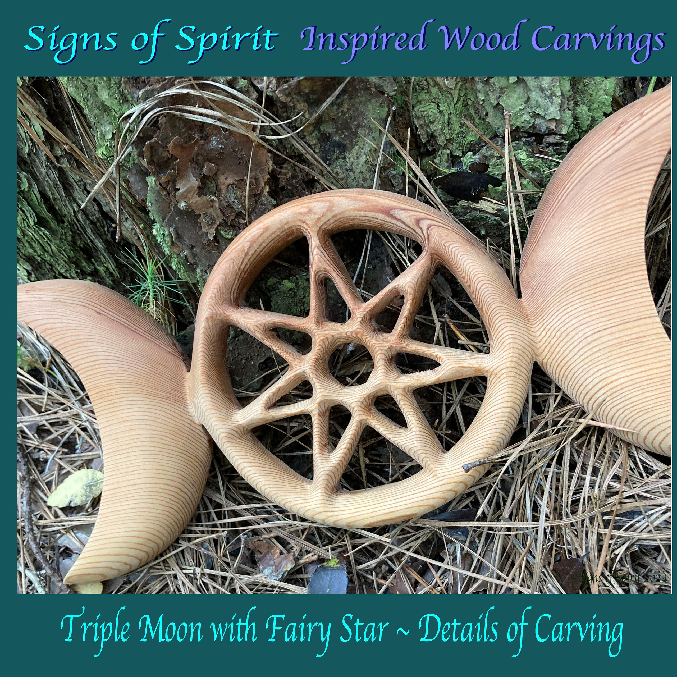 Triple Moon with Faery Star of Enchantment- wood carved Seven-pointed ...