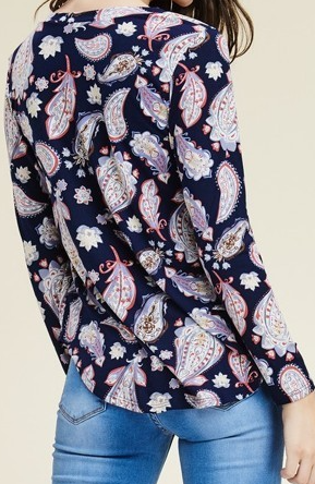 Navy Paisley Print Long Sleeve Top - Paisley Pointe Boutique