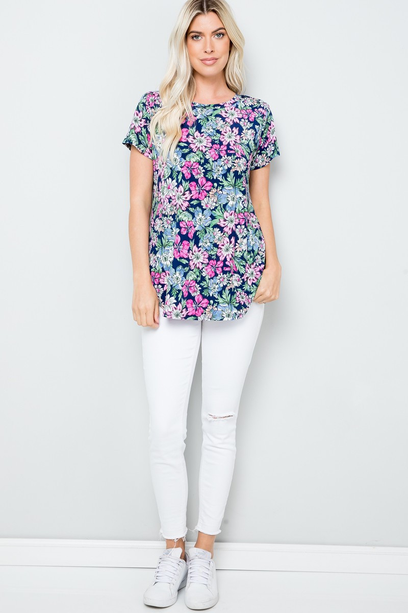 Navy Floral Plus Short Sleeve Top - Paisley Pointe Boutique