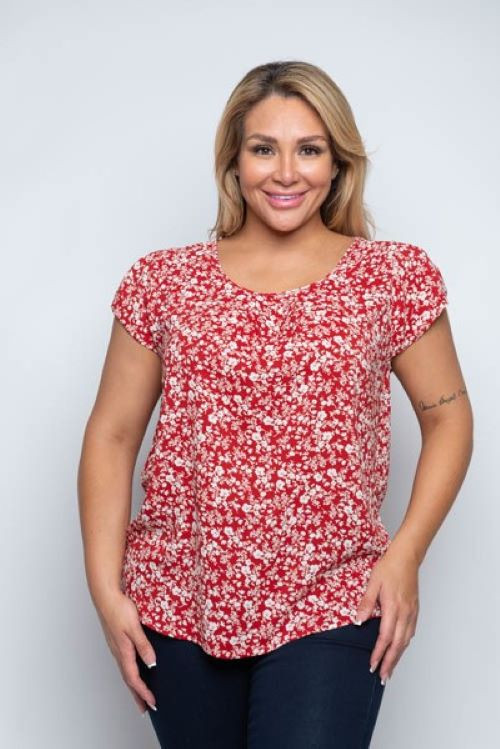 Red Floral Plus Tulip Sleeve Top - Paisley Pointe Boutique