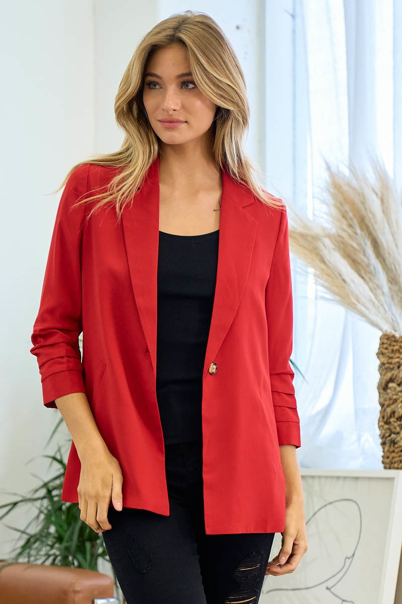 Red Ruched Sleeve Blazer with Pocket Detail - Paisley Pointe Boutique