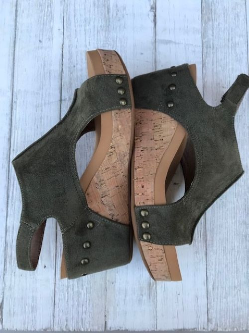 Corkys Olive Suede Carly Wedge - Paisley Pointe Boutique