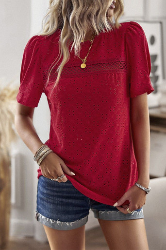 Red Eyelet Detail Top - Paisley Pointe Boutique