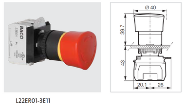 BACO CONTROLS BACO E STOP 22MM TURN TO RELEASE 1 NC 1NO CONTACT
