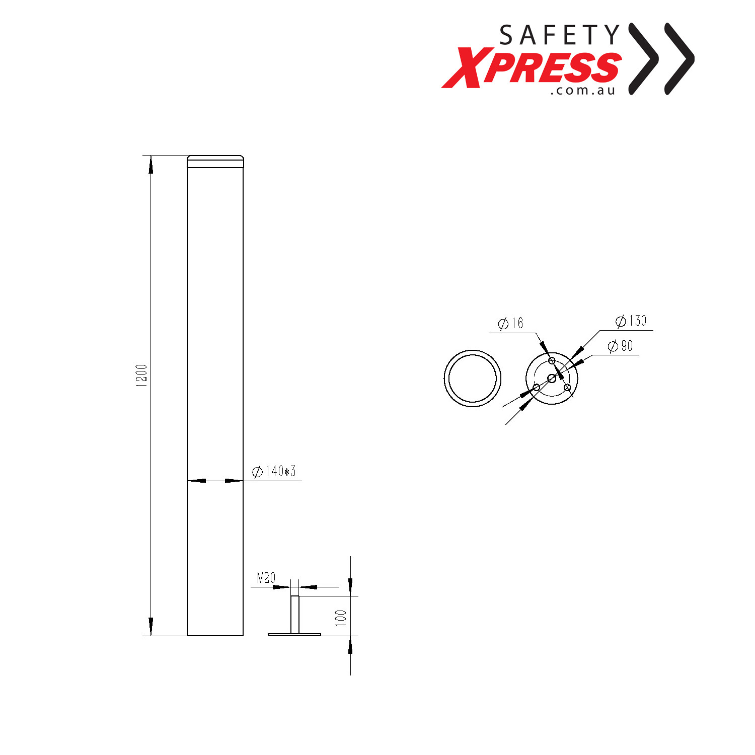 Bollard Surface Mount Concealed Base 140mm x 1200mm - Safety Xpress
