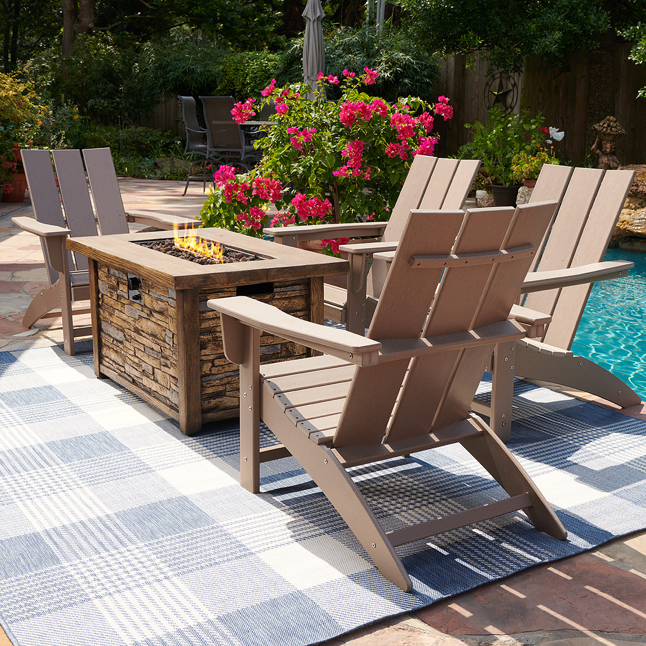 Modern 5 Piece Set XL Adirondack Chair Chat Set 44 x 29 in. Stone Gas Fire Pit