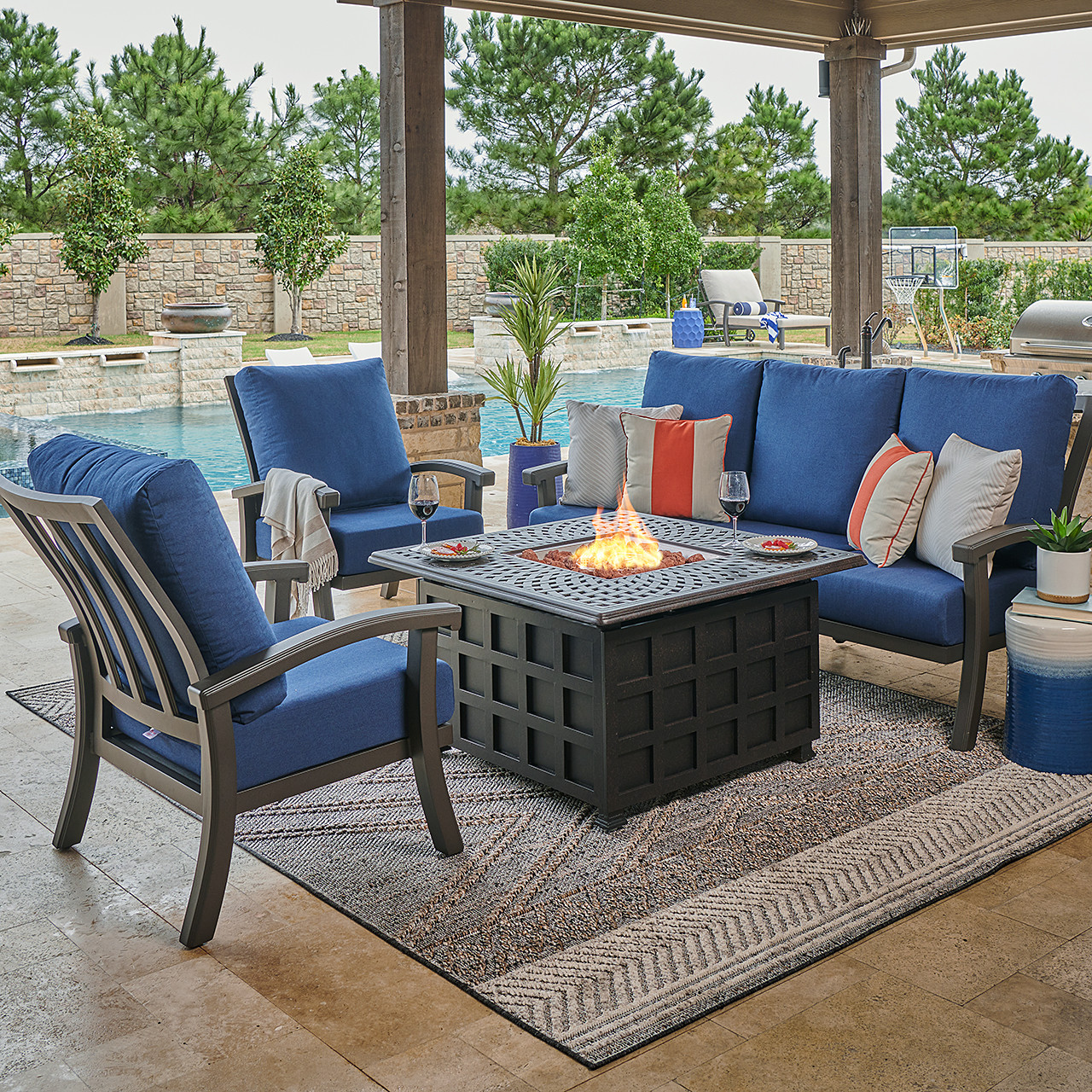 Fairmont Aged Bronze Aluminum with Cushions 4 Piece Sofa Group + 42 in ...