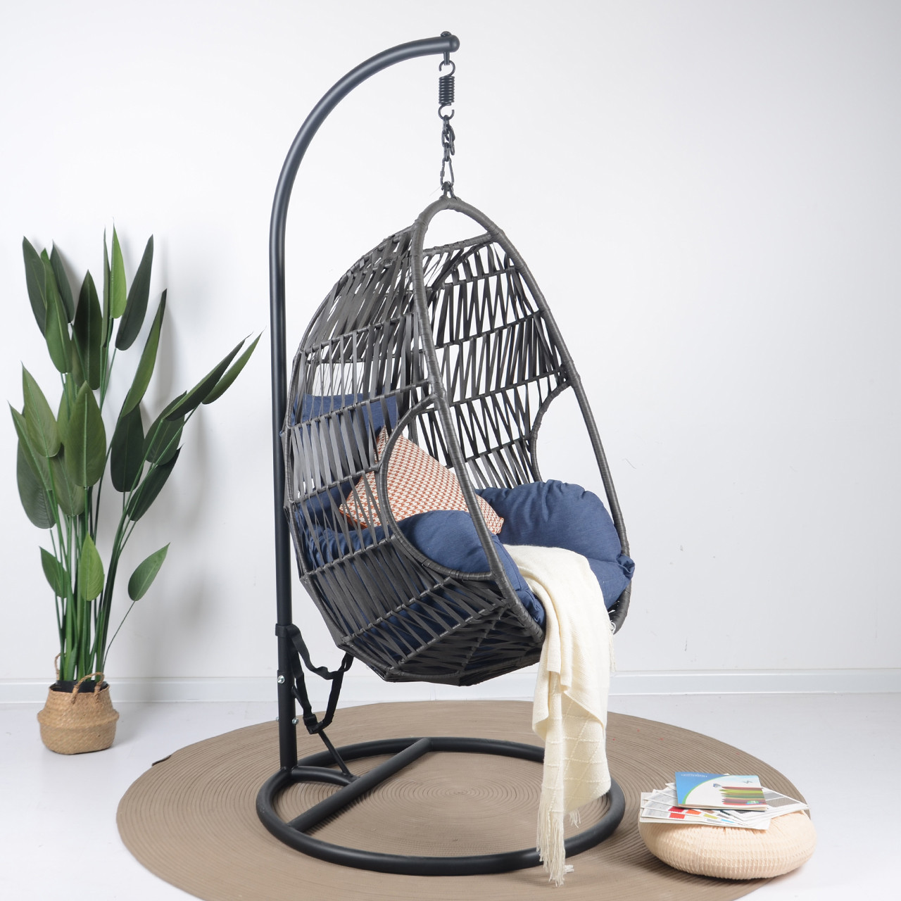 Bali Matte Black Aluminum and Husk Wicker with Cushions Hanging Chair ...