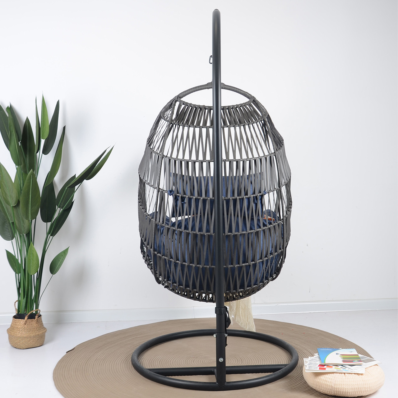 Bali Matte Black Aluminum and Husk Wicker with Cushions Hanging Chair ...