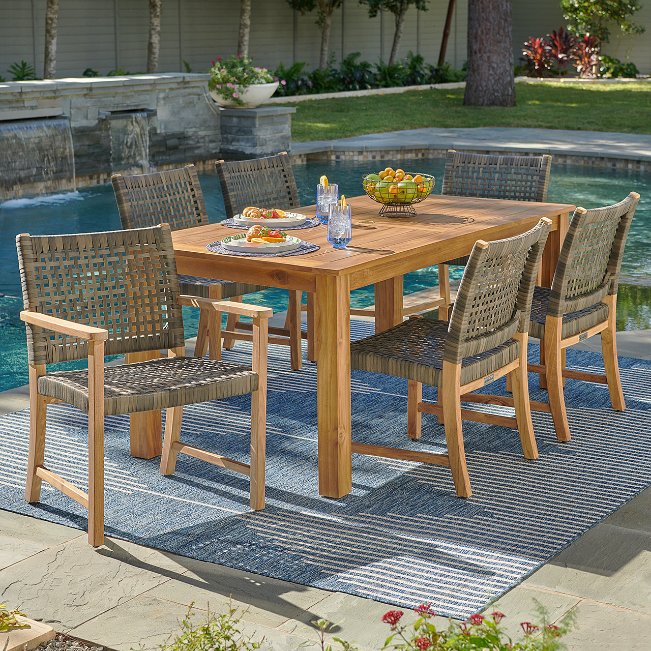 Hampton Driftwood Outdoor Wicker and Solid Teak 7 Piece Combo Dining ...