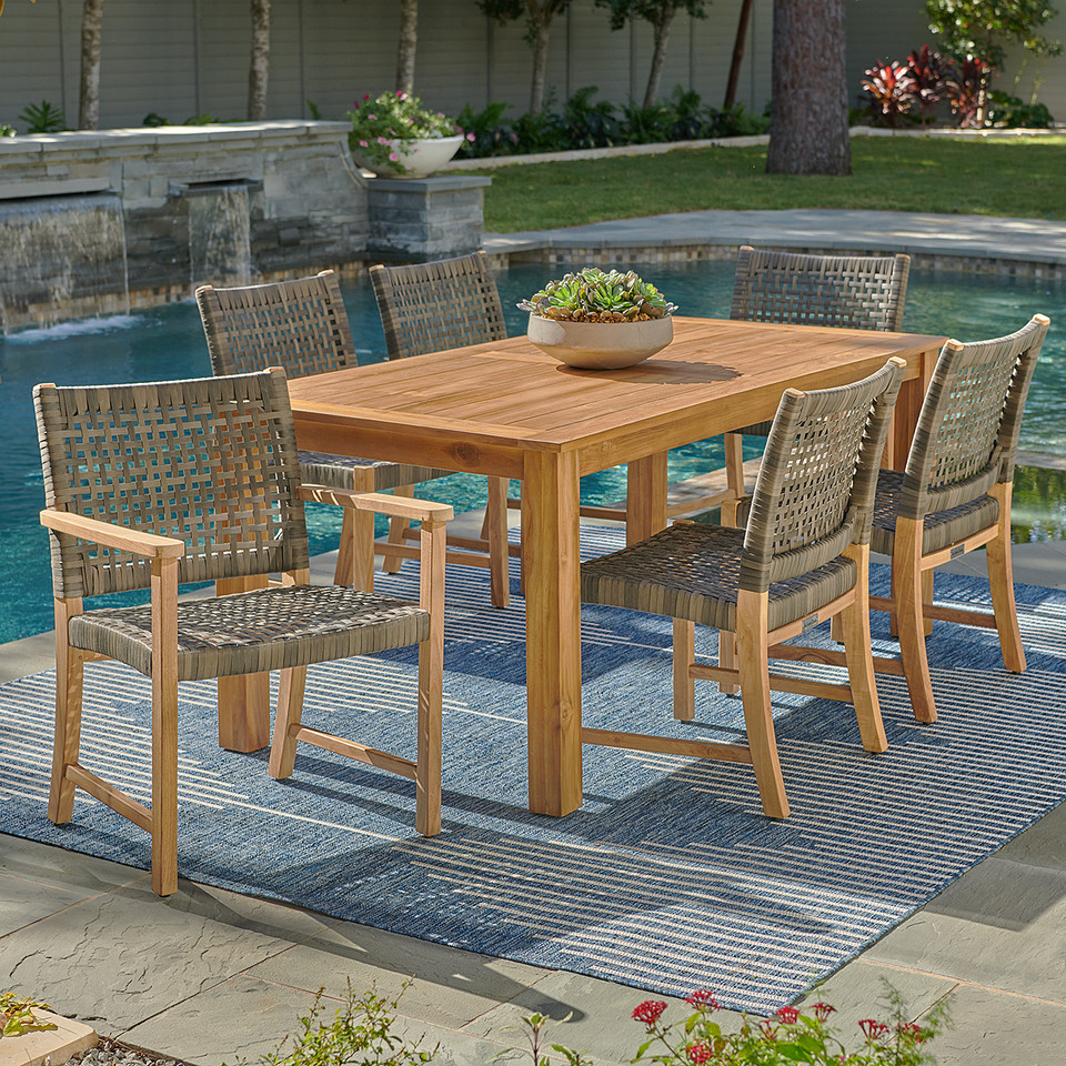 Hampton Driftwood Outdoor Wicker and Solid Teak 7 Piece Combo Dining ...