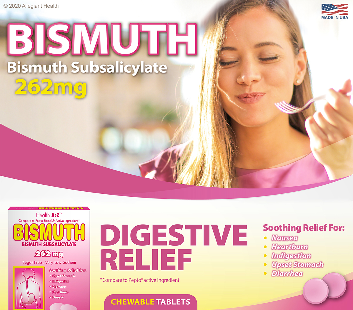 HealthA2Z Bismuth, Bismuth Subsalicylate 262mg, 24*12 Chewable Tablets ...