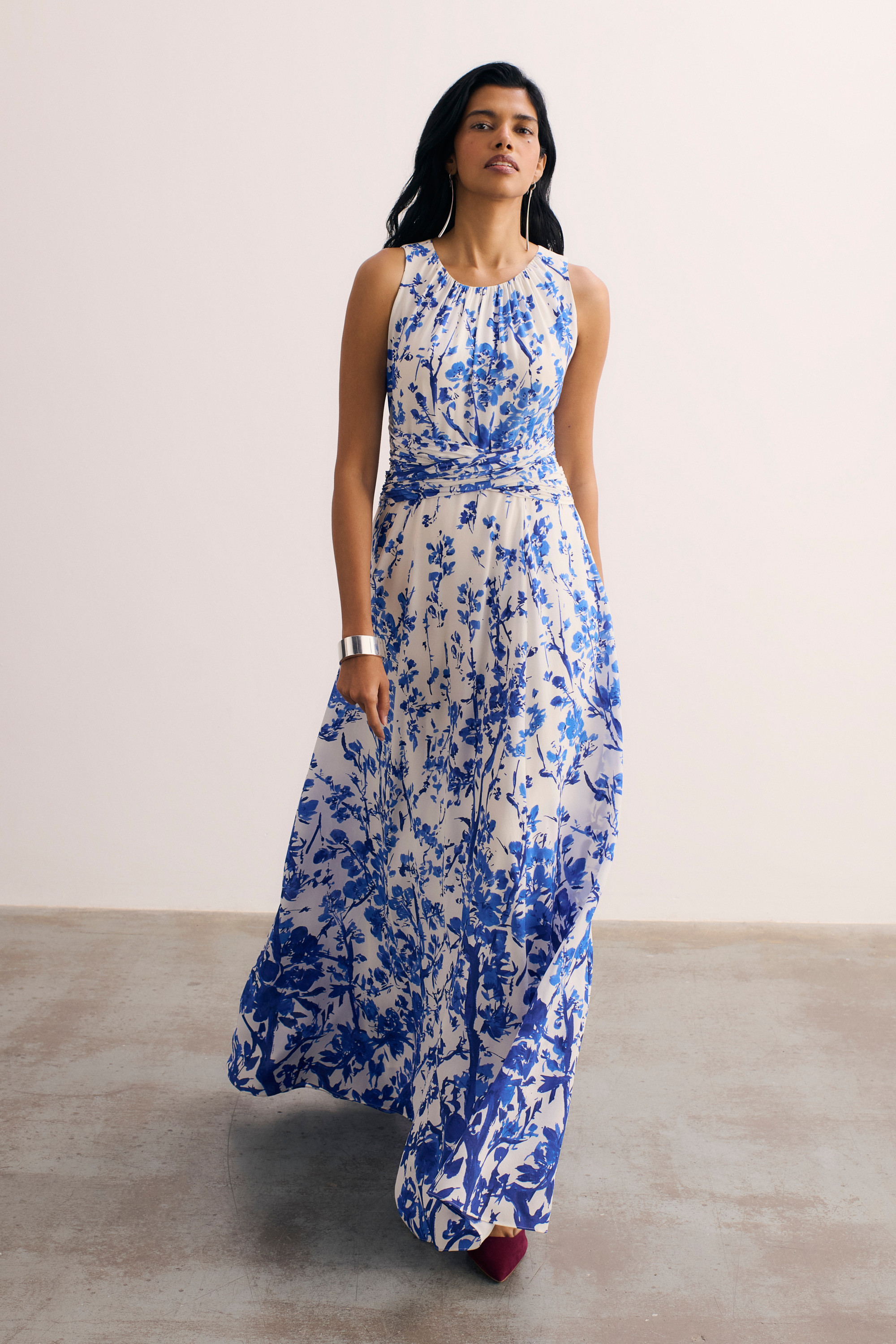 Oria Silk Crepe Maxi Dress Ivory And Blue - Welcome to the Fold LTD