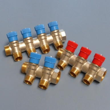 Chromed brass manifold blue taps 2 x 1/2"m