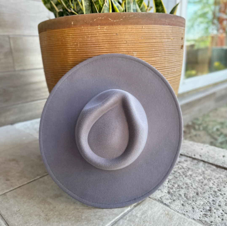Vegan Felt Fedora Hat Wide Flat Brim - Grey
