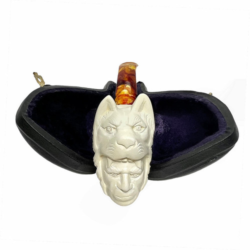 Double Head Indian Wolf Carved Meerschaum Pipe | Royal Meerschaum Pipes