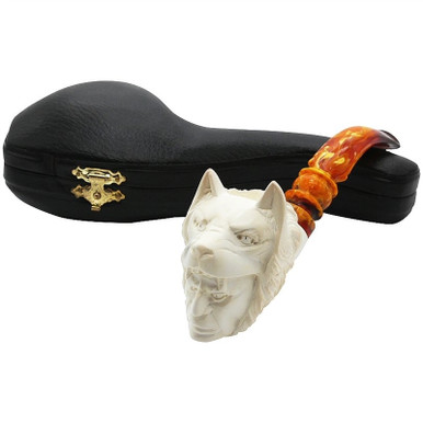 Deluxe Hand Carved Double Head Indian Wolf 100% Solid Block Meerschaum ...