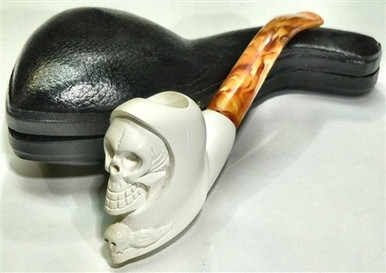 Hand Carved Grim Reaper with Skull 100% Block Meerschaum Pipe On Sale