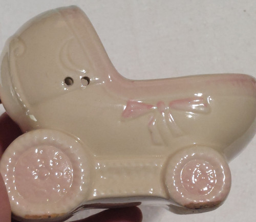Pink & White Baby Buggy Pottery Flowerpot Planter circa 1960s Vintage